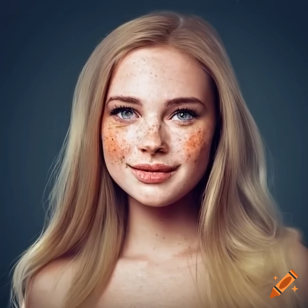 Beautiful young woman delicate freckles radiant smile blonde hair on ...