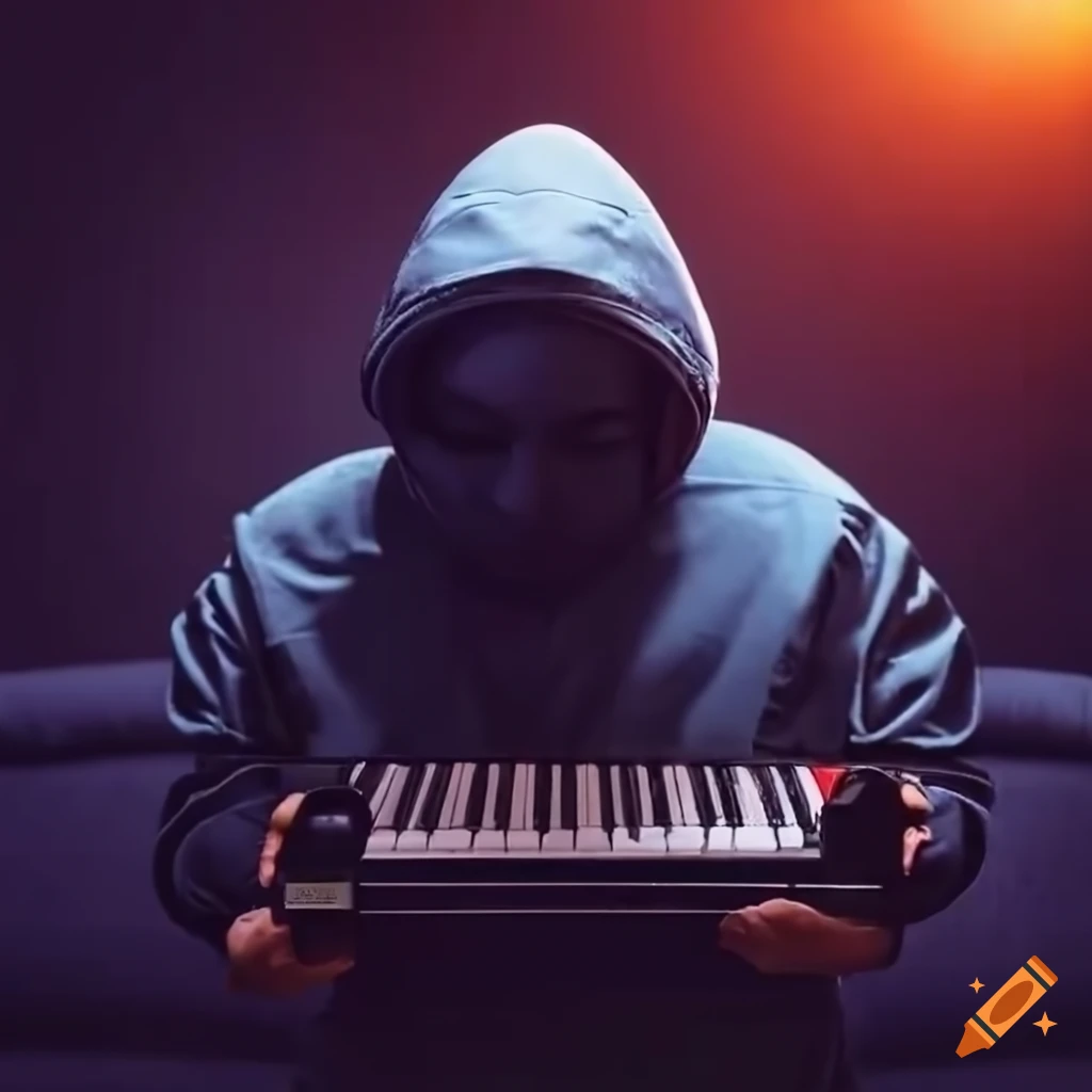 A white hip-hop producer with a musical instrument in his hands in a ...