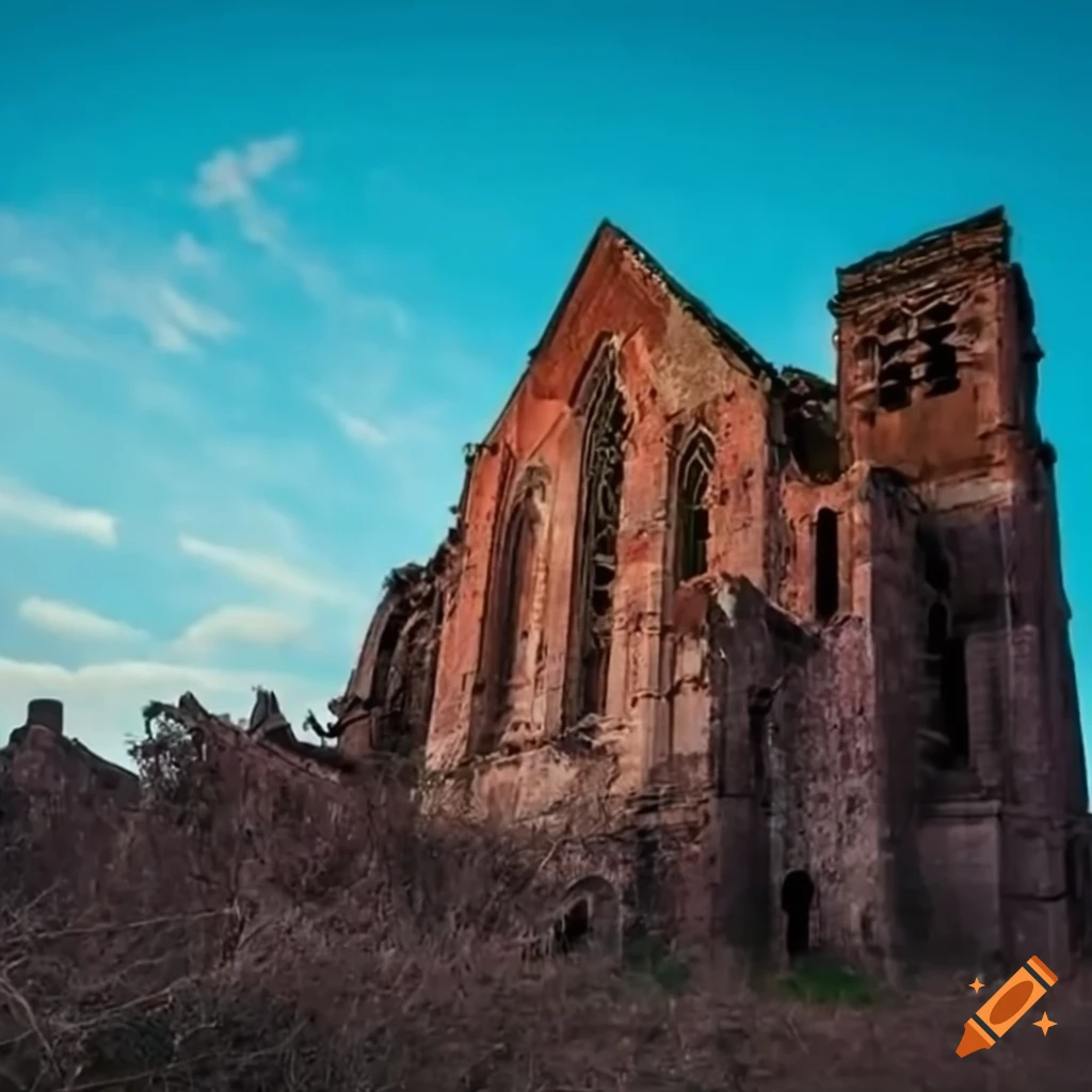 Old ruin of a destroyed church. there is a broken roof so you can see ...