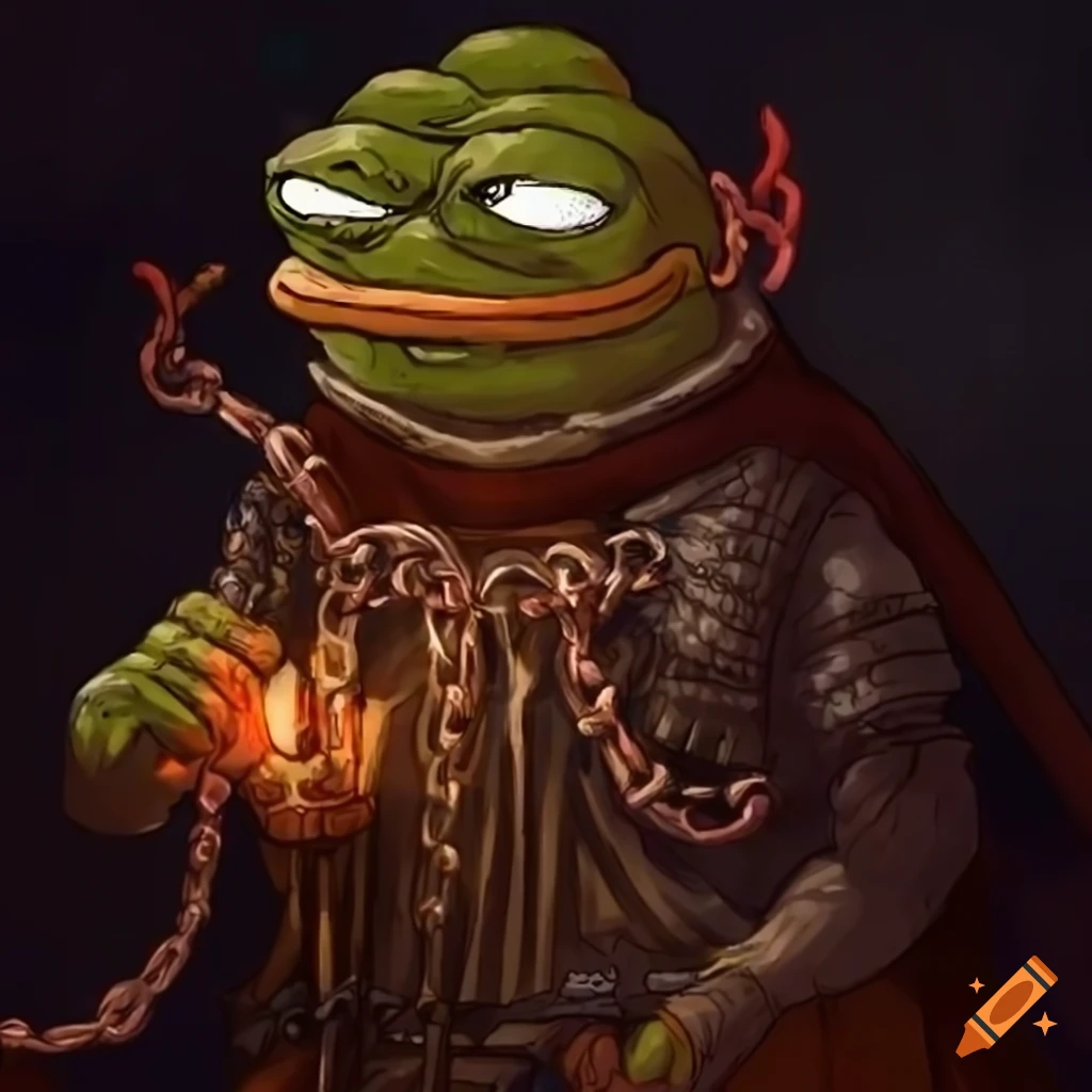 DnD, pepe the frog battles a chain devil, fantasy on Craiyon
