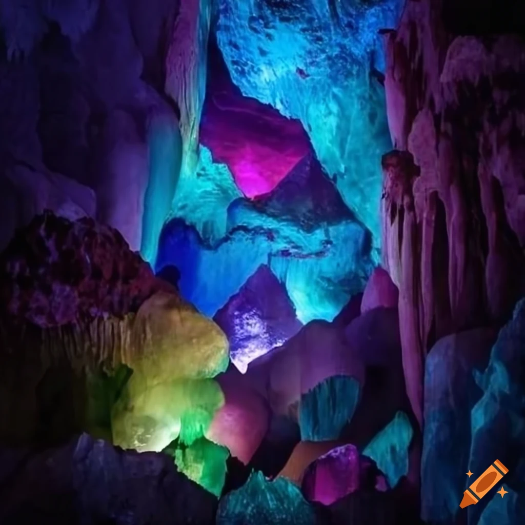 Wide cave with multicolored crystal deposits