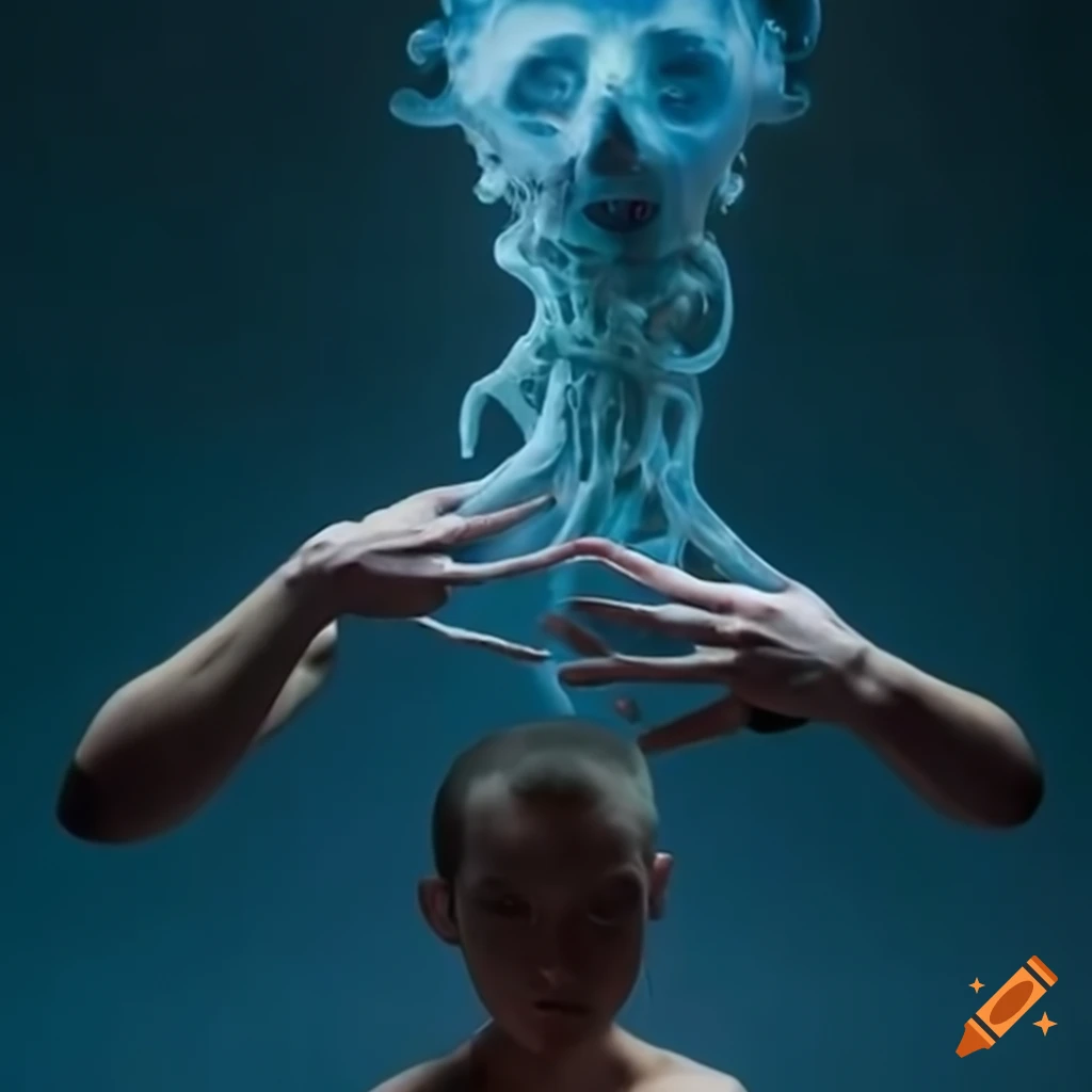 An eerie floating brain with tentacles in a mugshot pose