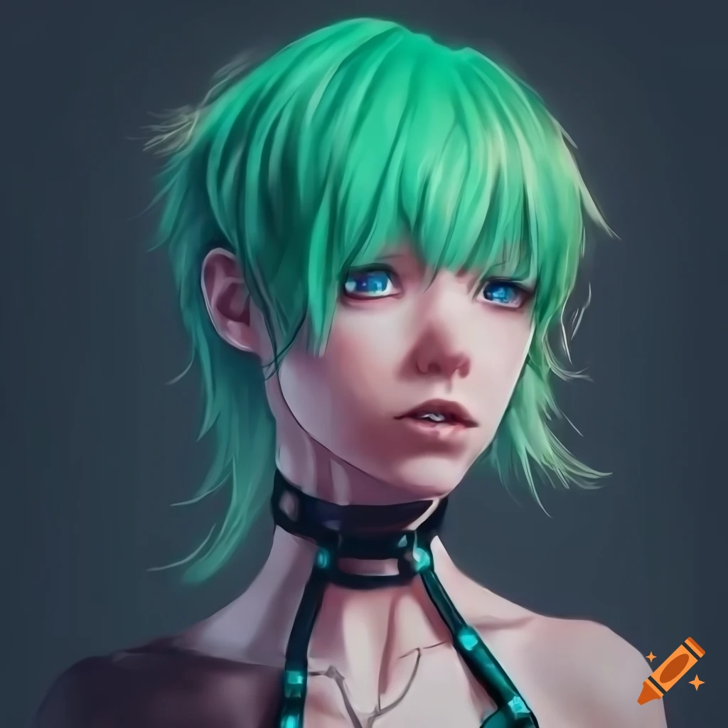 Green Haired Androgynous Anime Character Portrait With Blue Eyes Wearing Oversized Harajuku