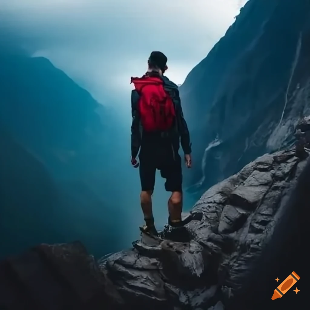 Man triumphantly standing atop a majestic mountain with a deep chasm on ...