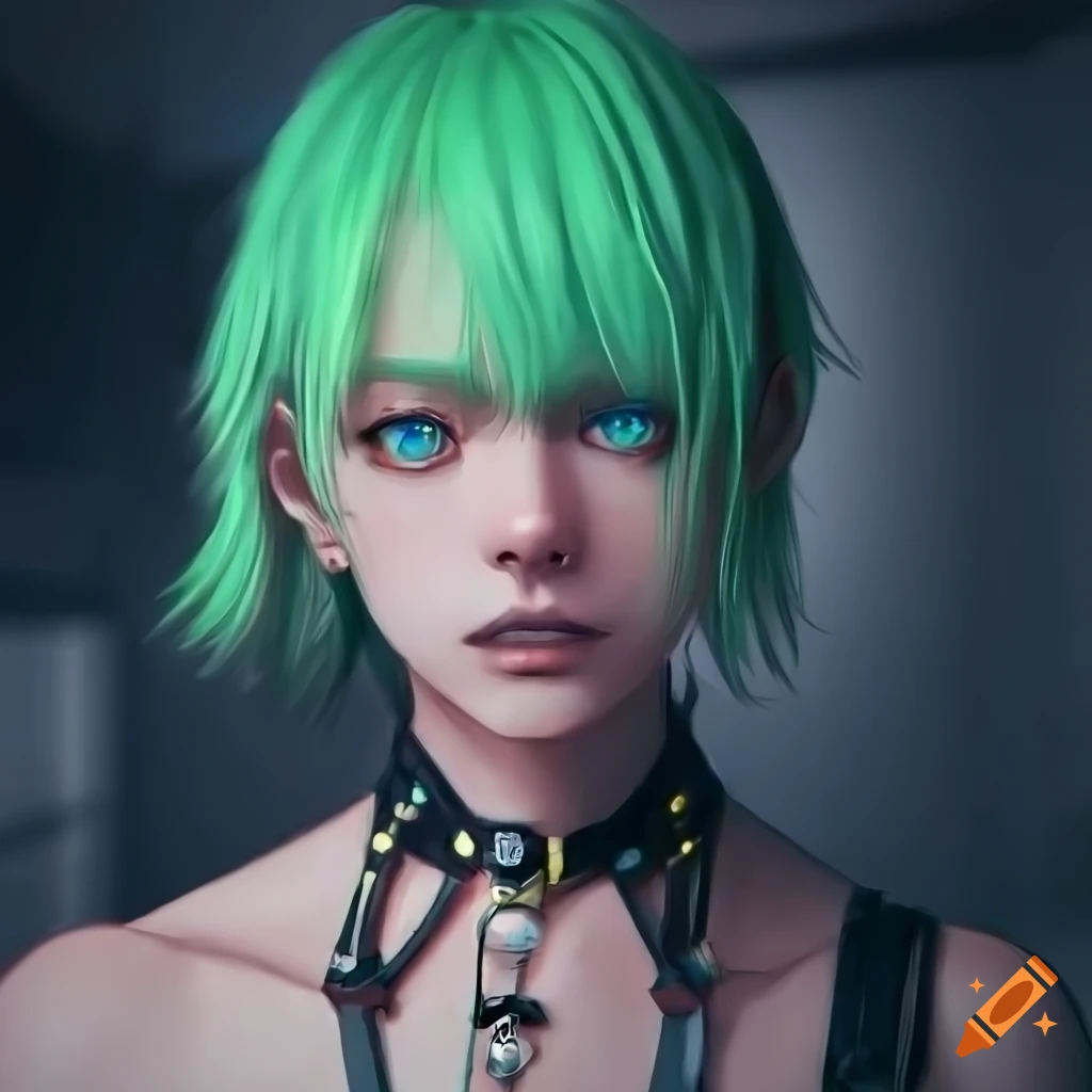 Green Haired Androgynous Anime Character Portrait With Blue Eyes Wearing Oversized Harajuku