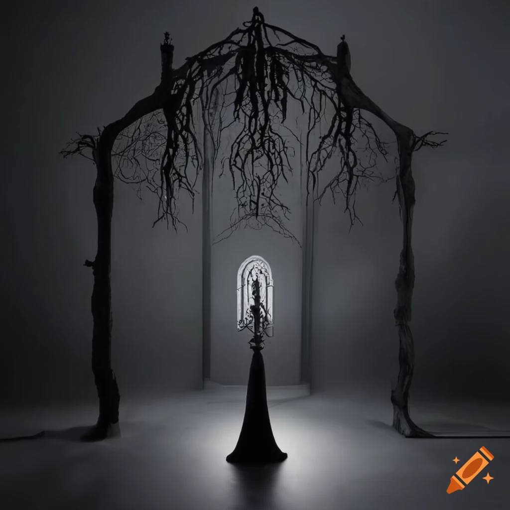 A large, dark chamber, with trees made of black glass lining the walls ...