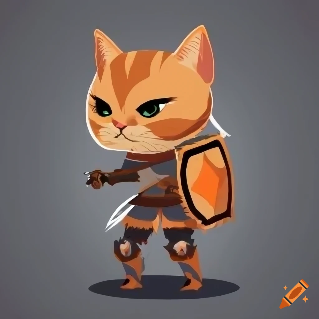 Orange cat warrior , for 2d game , side view, medieval, lit, on grey ...