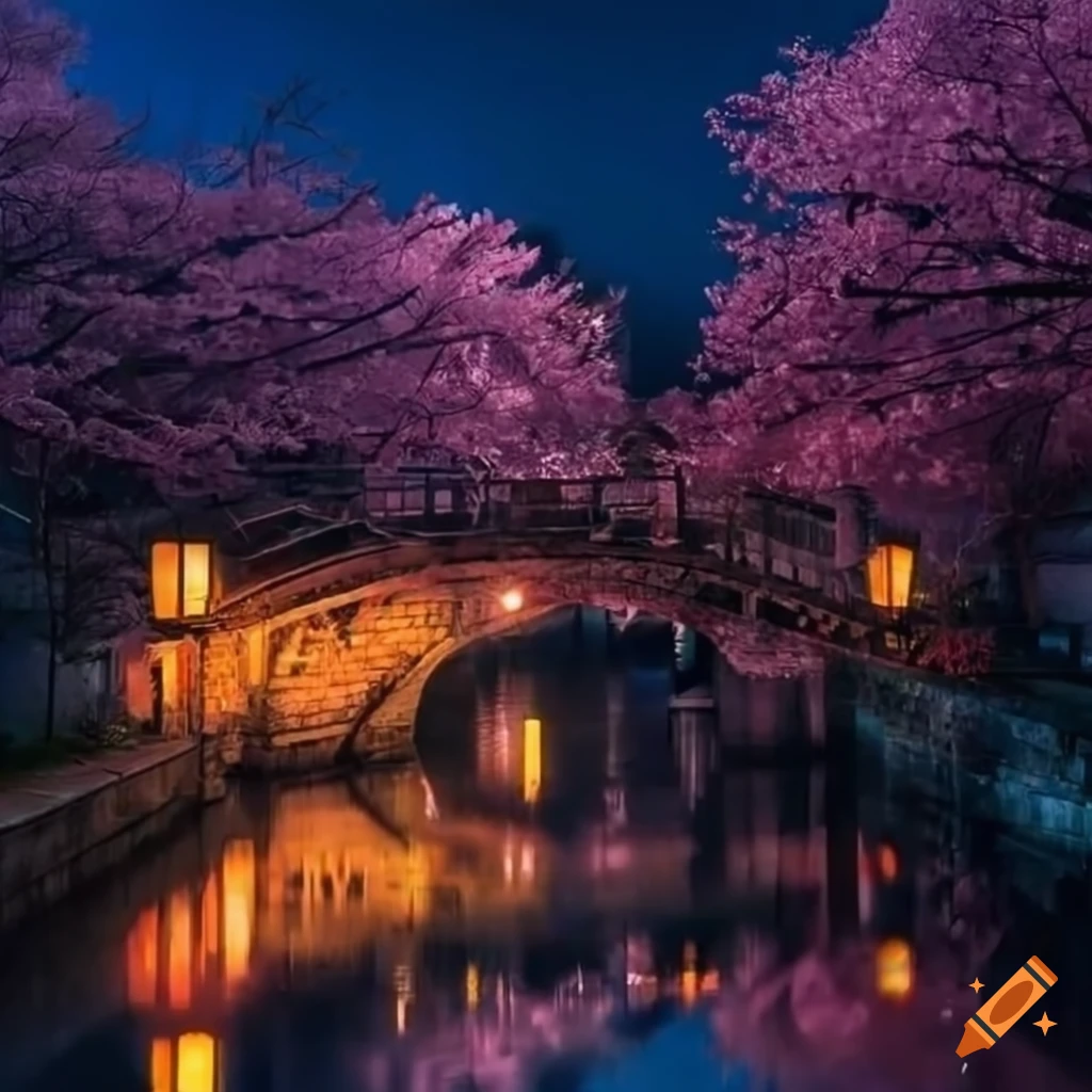 Japanese street night scenery with cherry blossoms at countryside ...