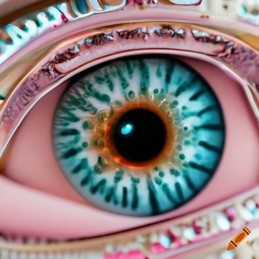 Close-up of a detailed left eyeball with a intricate bio mechanical design