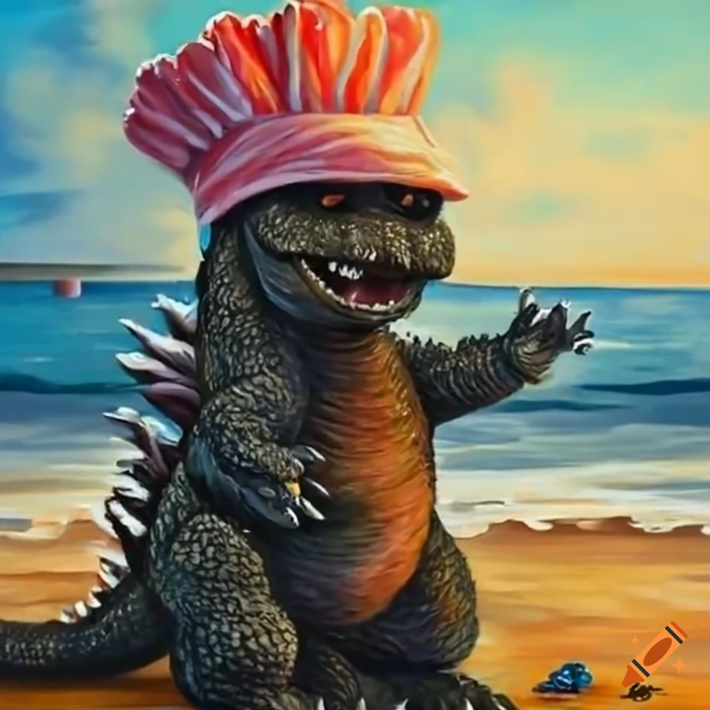 Cute baby godzilla wearing a chefs hat at the beach