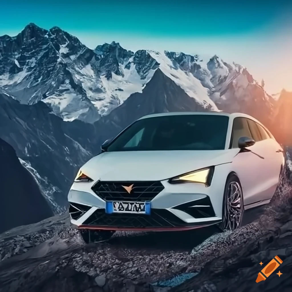 A detailed picture of a white cupra leon driving up a hill un himalaya