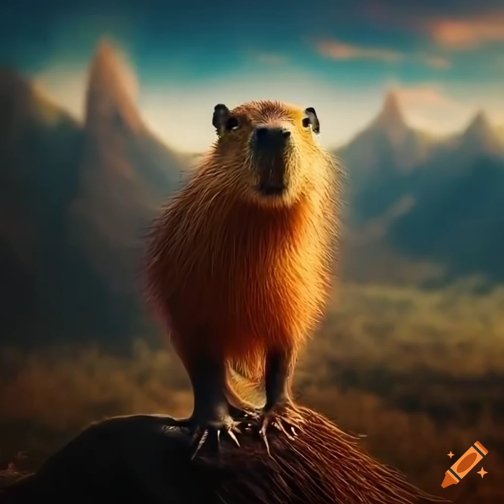 A capybara with wings flying over a vibrant fantasy landscape 4k ...
