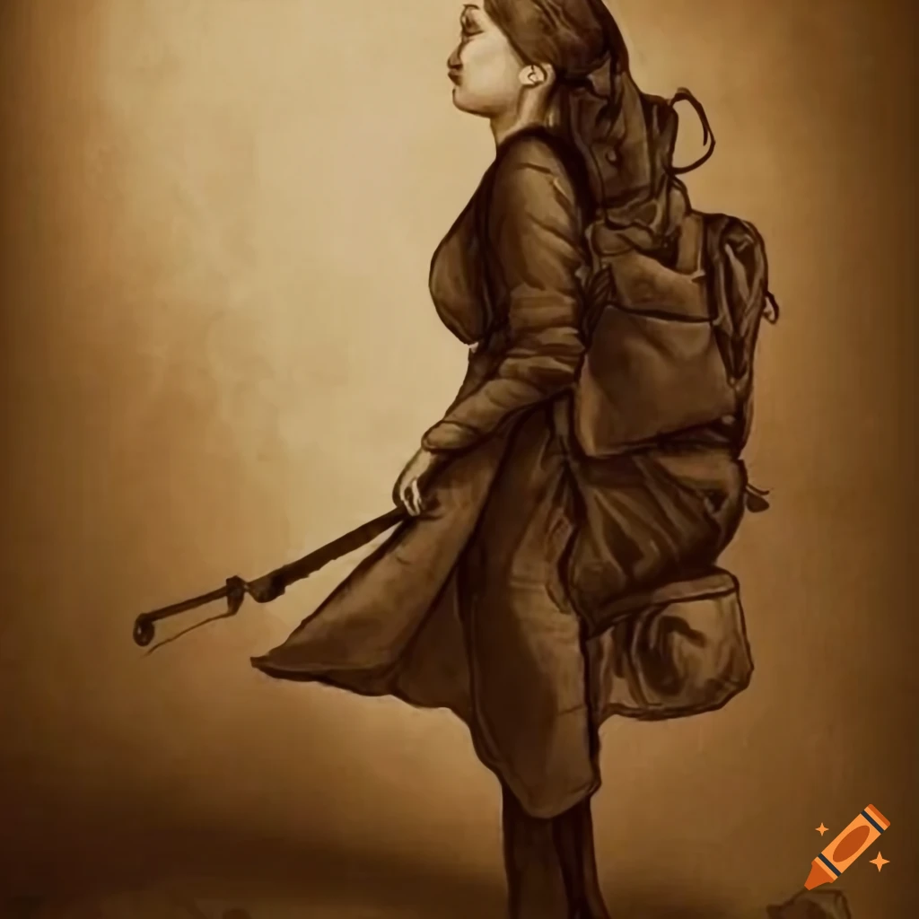Female medieval traveler with backpack, sepia ink on parchment on Craiyon