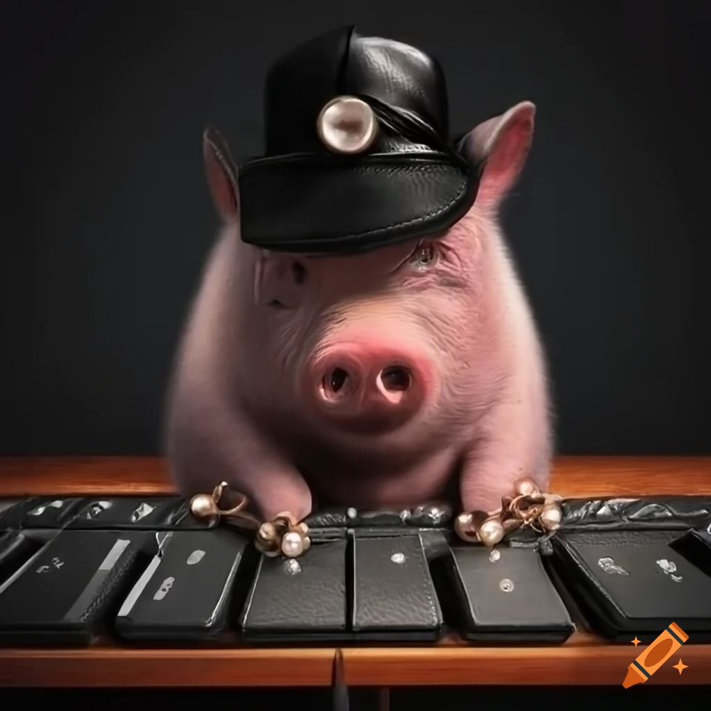 Pig wearing leather cap and pearl necklace sitting at a keyboards