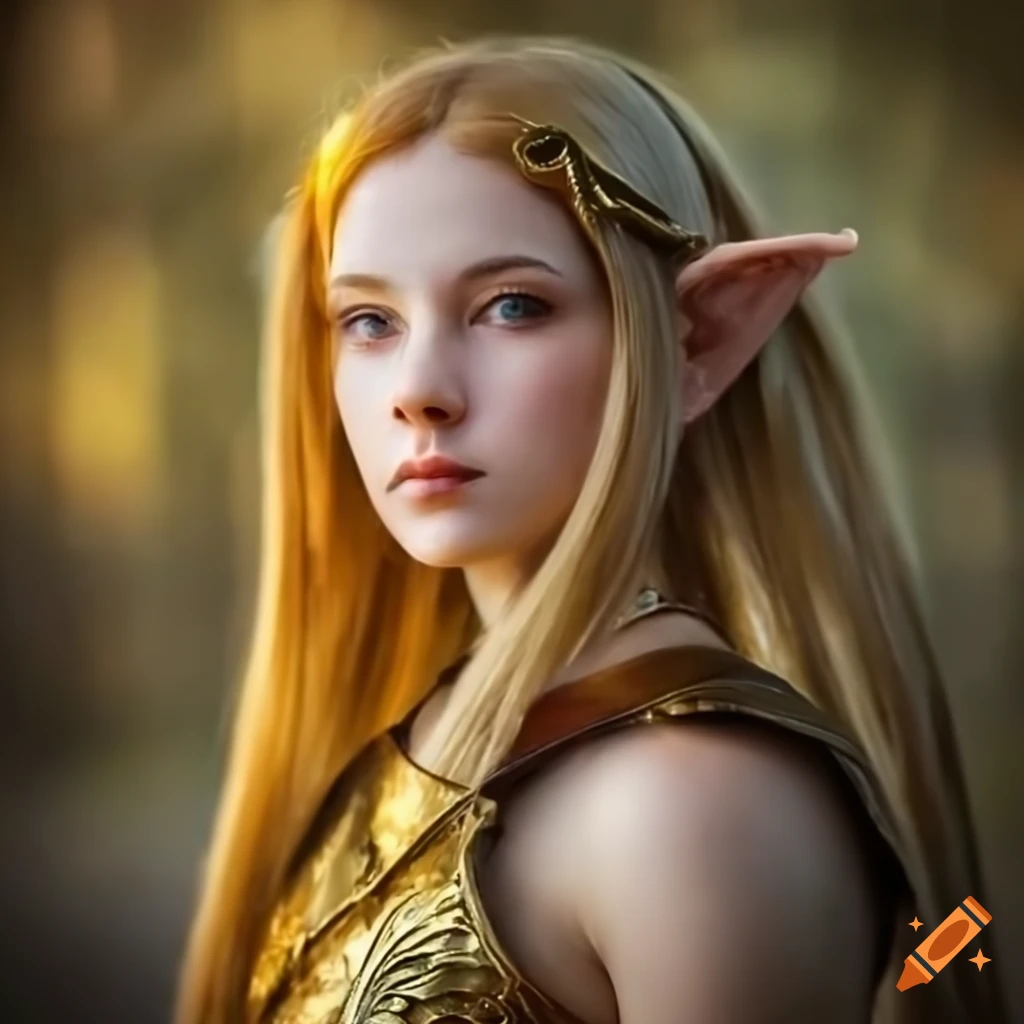Beautiful elf-girl long golden hair, golden cuirass, in army on Craiyon