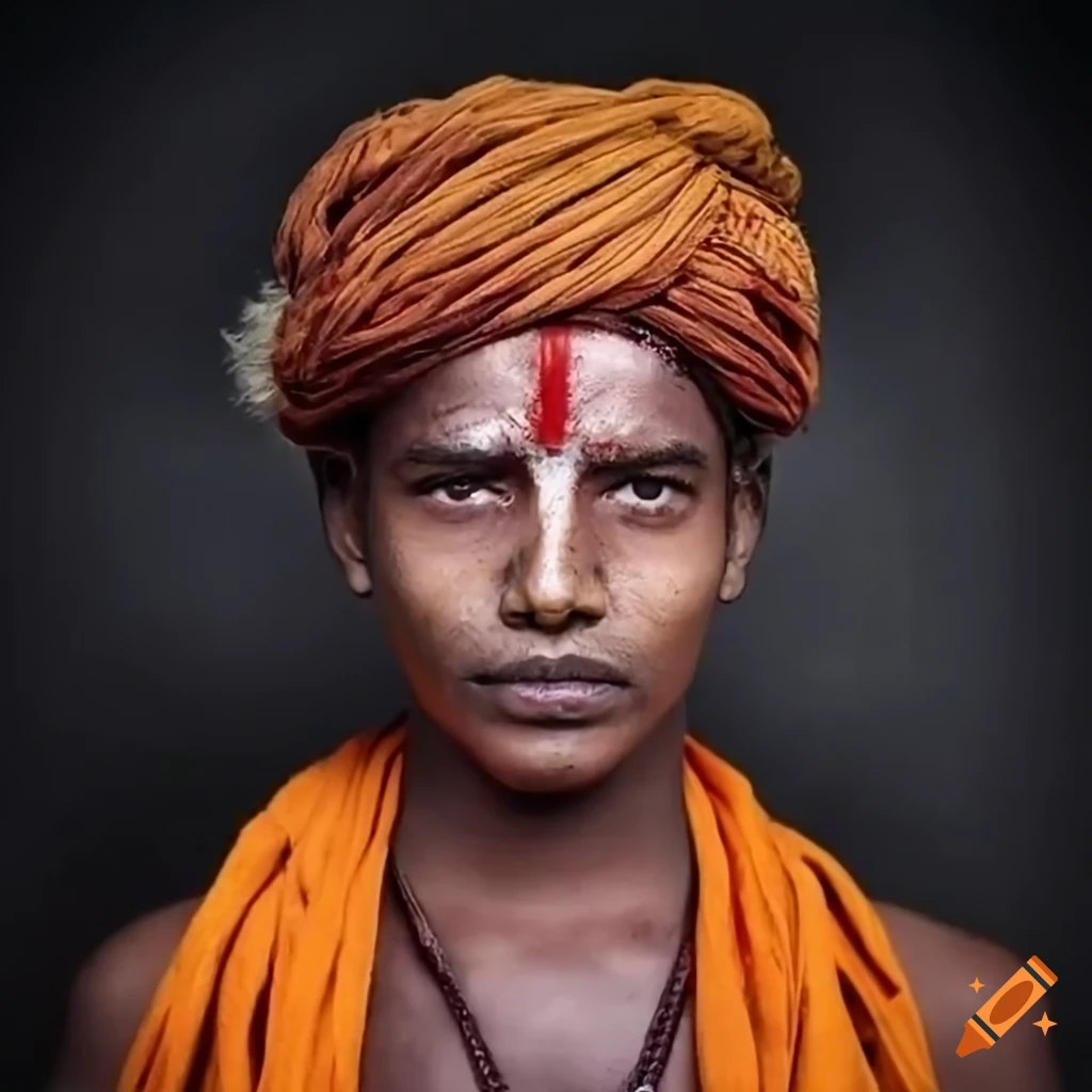 A young Indian sadhu with age 20 years. Facial details are fine and ...
