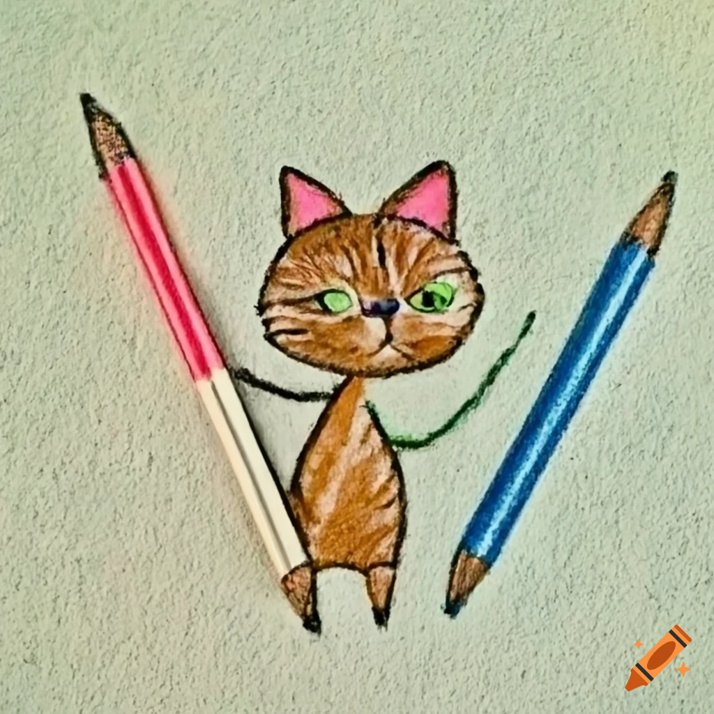 Simple anthropomorphic cat poorly drawn in crayon by a child