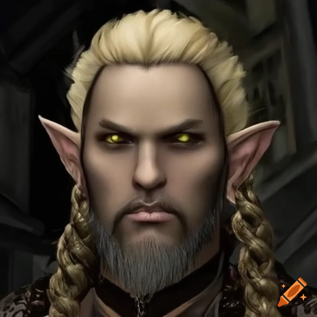 Black skin male solar elf whit blind eyes Viking blonde ponytail hair black beard on Craiyon