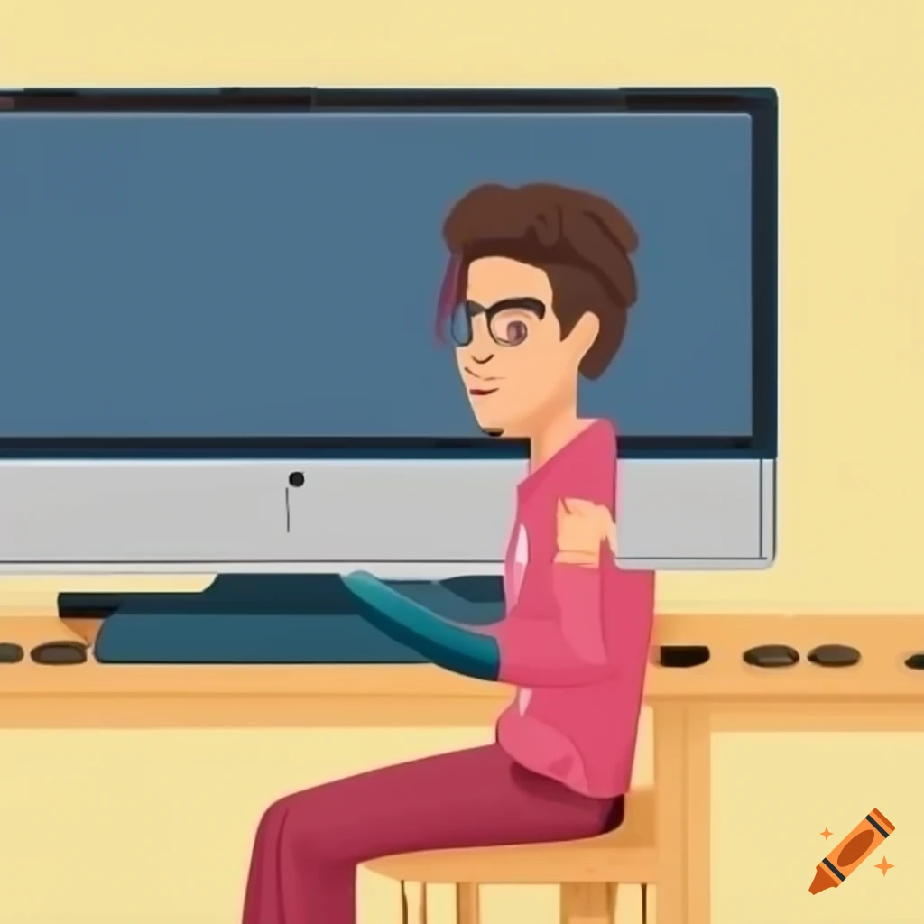 Vyond style student using computer at home side view, but the screen ...