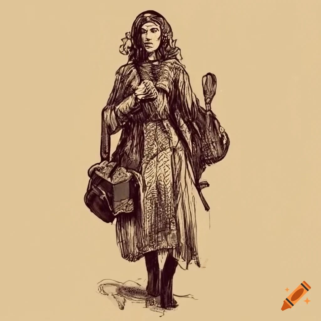 Female medieval traveler with backpack, sepia ink on parchment