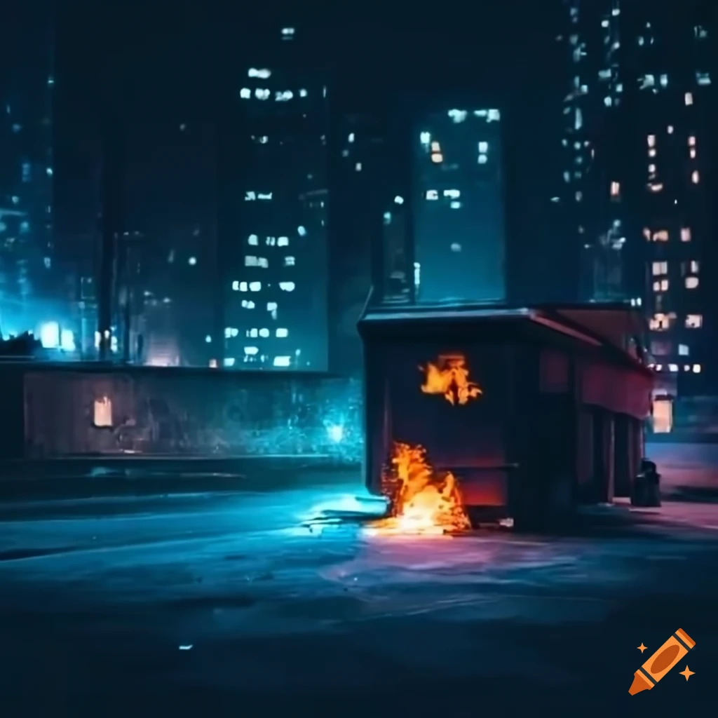 Cinematic urban night scene with a burning dumpster in the foreground ...