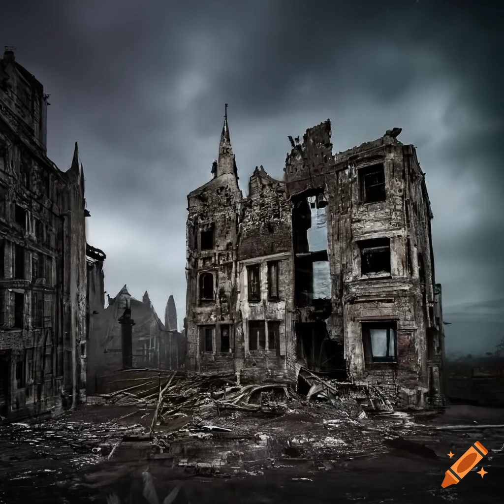 Apocalyptic scene with crumbling buildings and dark skies