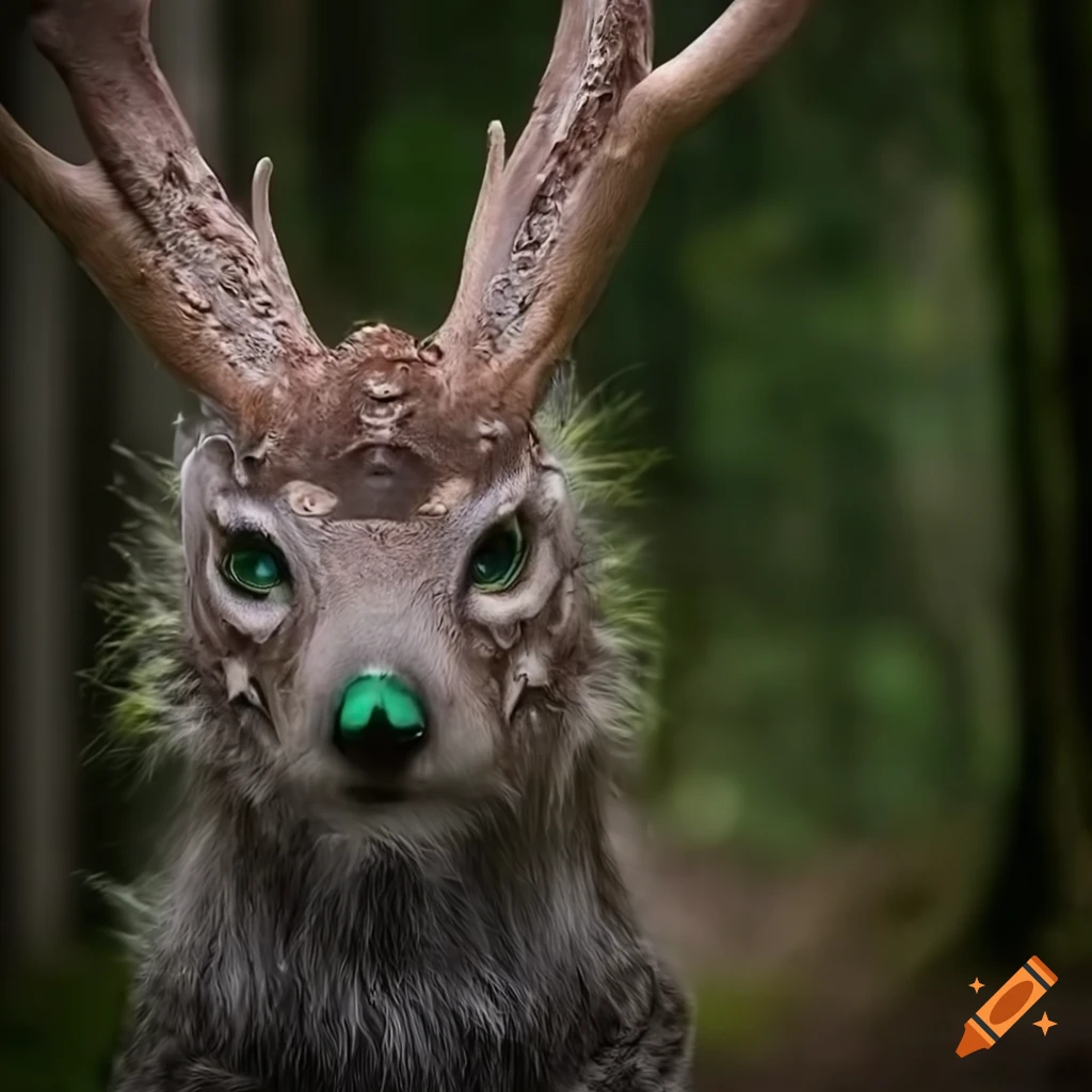 A fantastical hybrid forest creature with deer-like body and hare-like head and spotted fur on ...