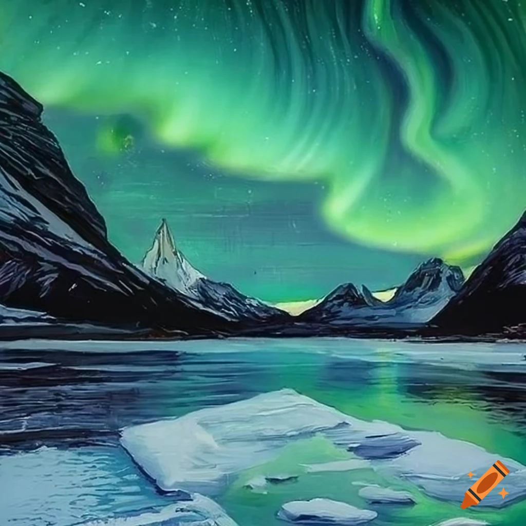 Vincent van gogh, northern light, fjord, frozen lake