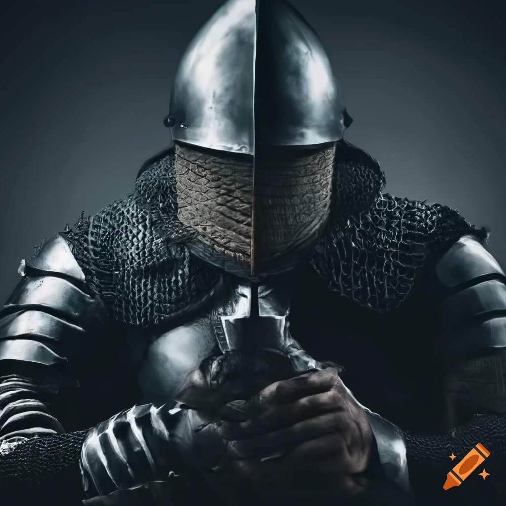 Medieval angry knight in a brutal dark badass armor, leaning with both ...