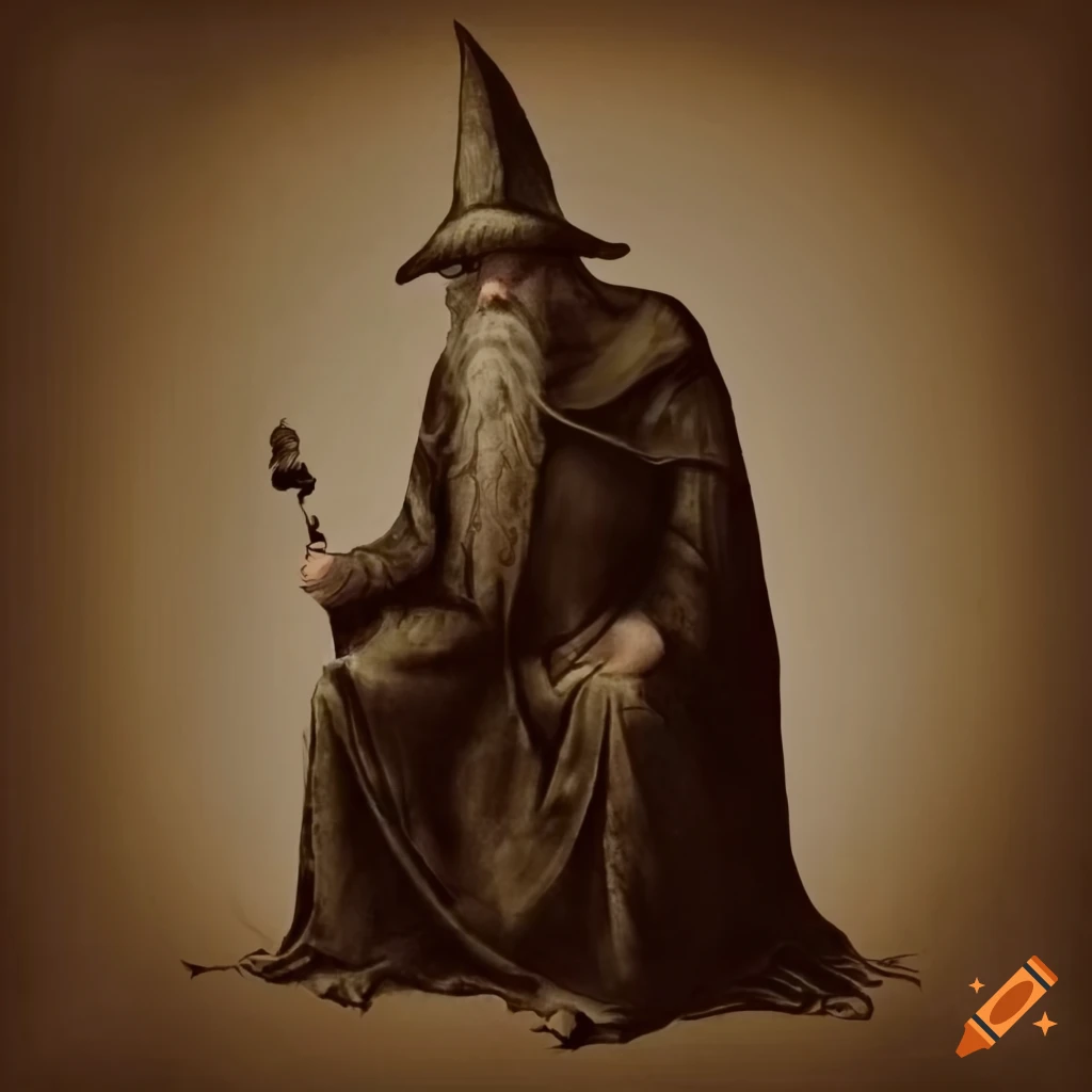 Wizard in ornate robe sitting, sepia ink on parchment on Craiyon