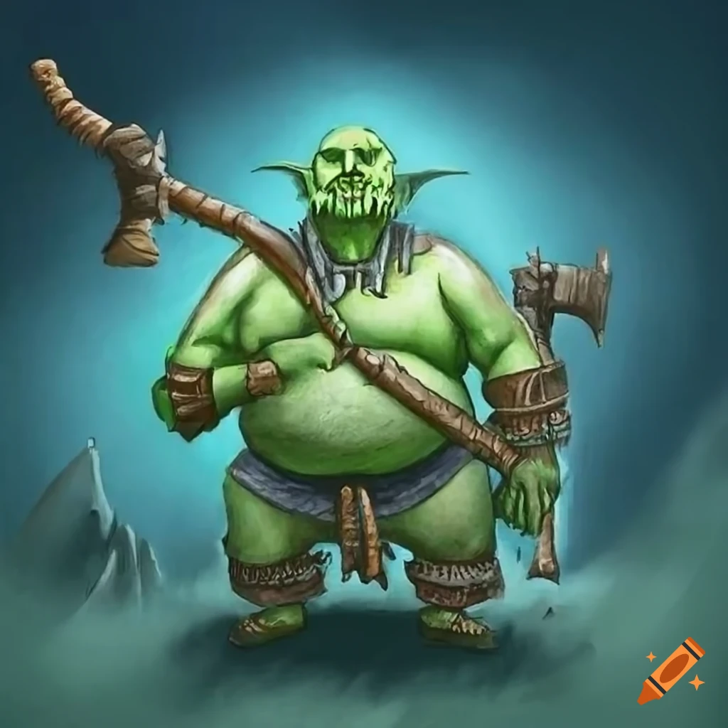 Fat bald green-skinned goblin shaman with a huge belly wearing a ...