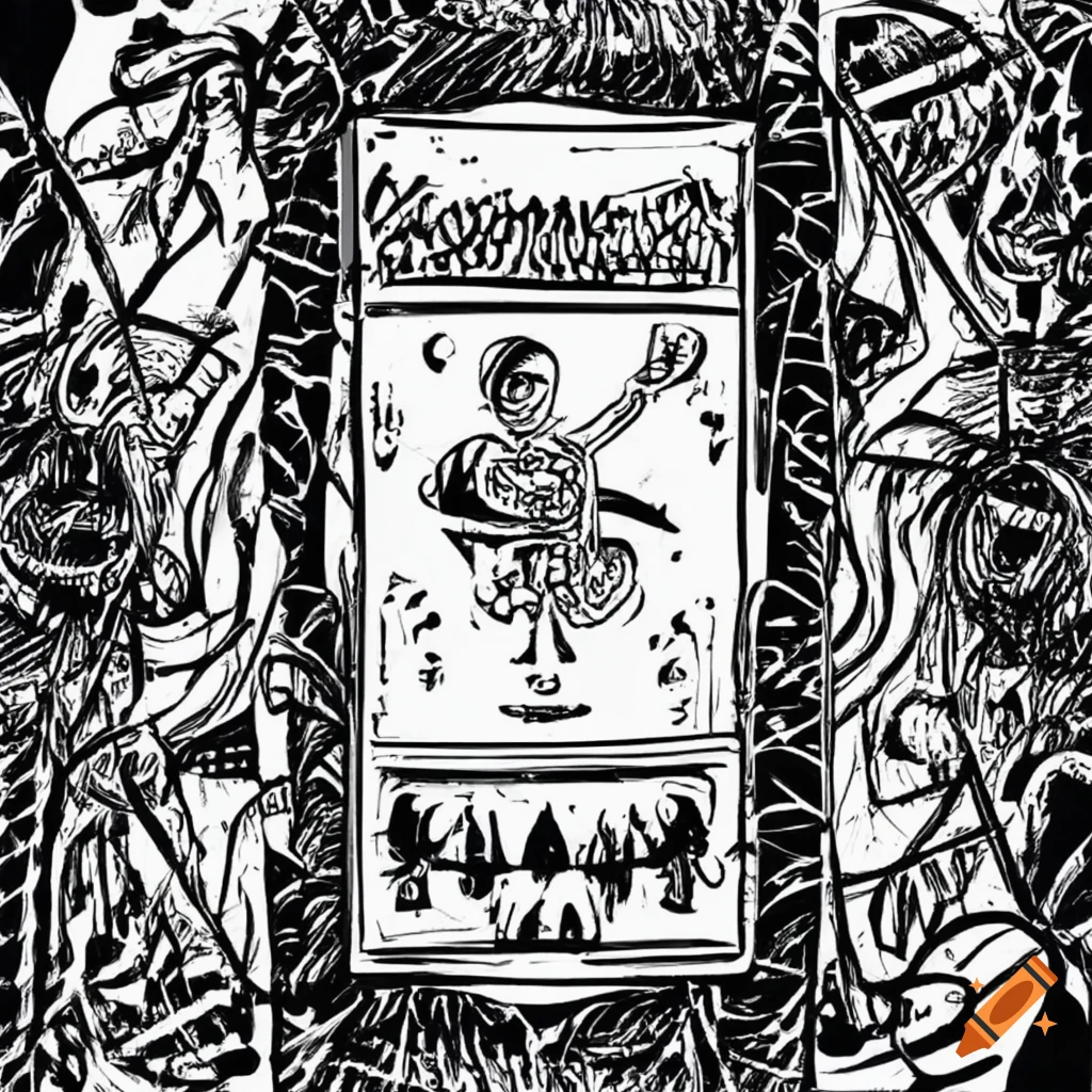 A creepy doodle style drawn of a mysterious tarot card with a magician ...