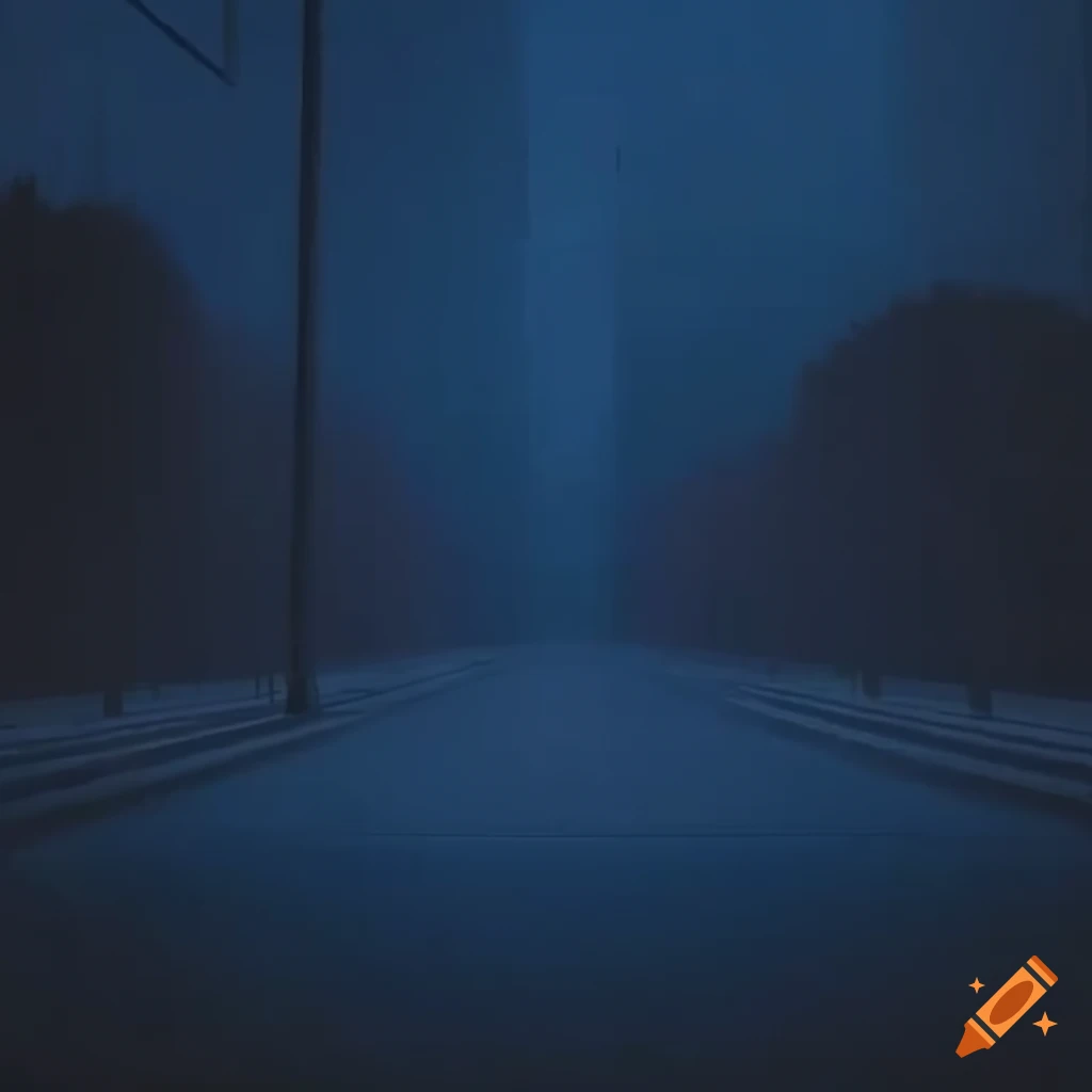 A street view of a liminal space city with fog