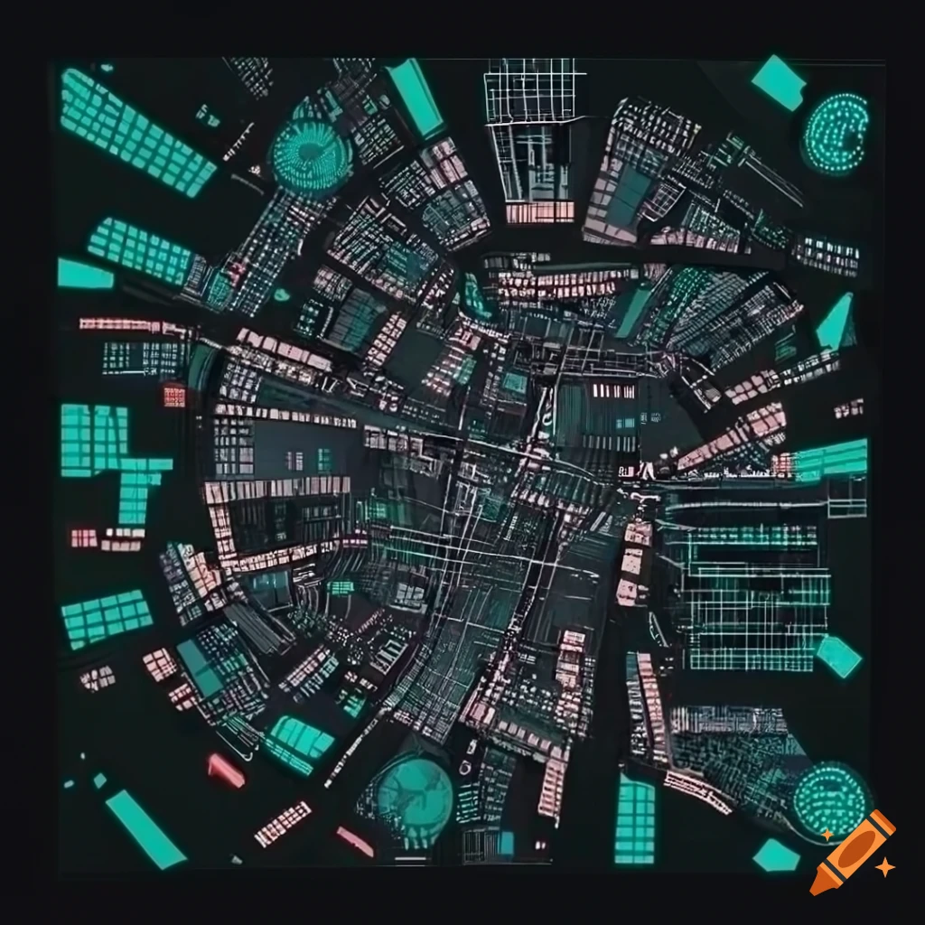 Full futuristic city map of a big city with clearly separated districts, top view, dark, vector ...