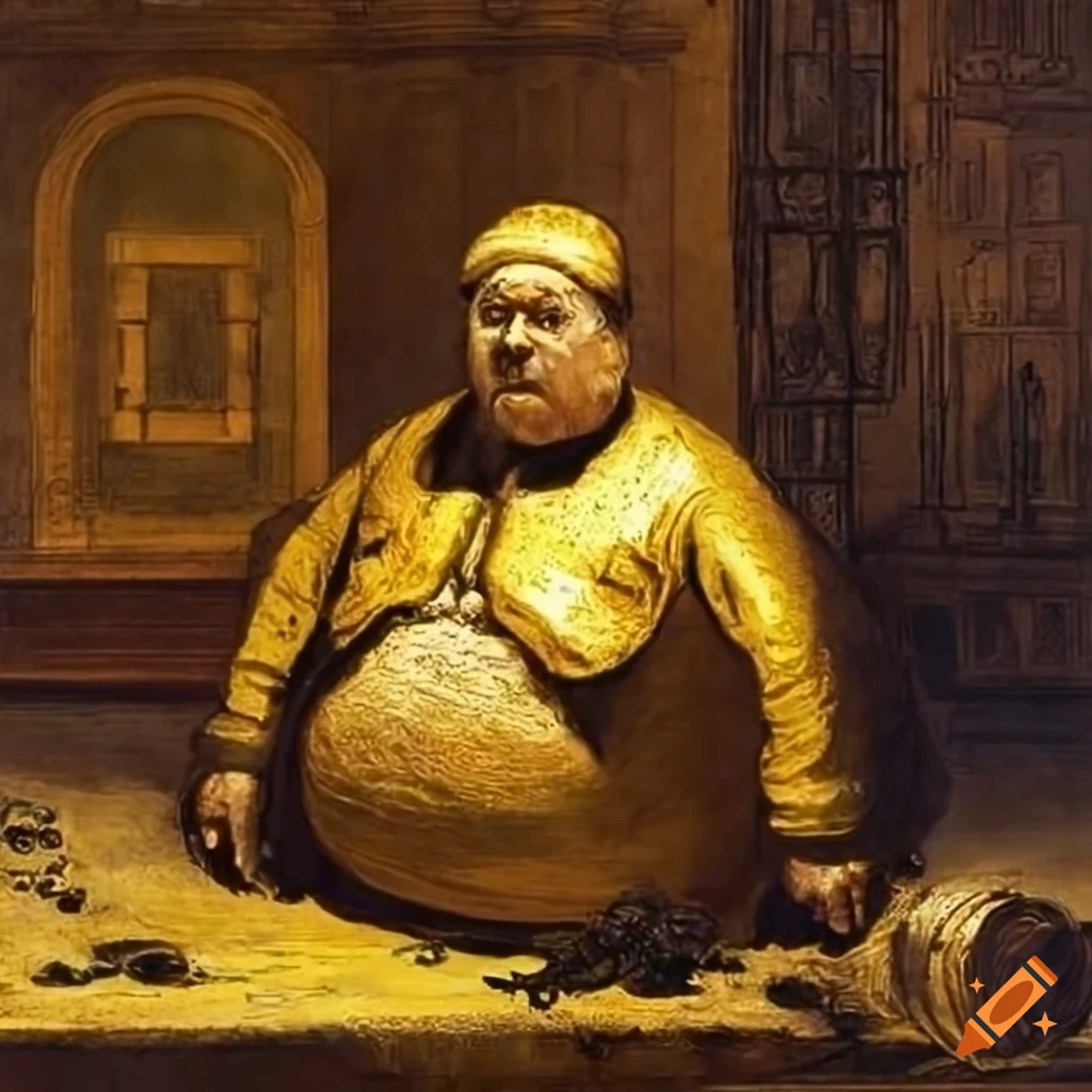 Gold suit fat man stands cramped in small golden cage in castle room ...
