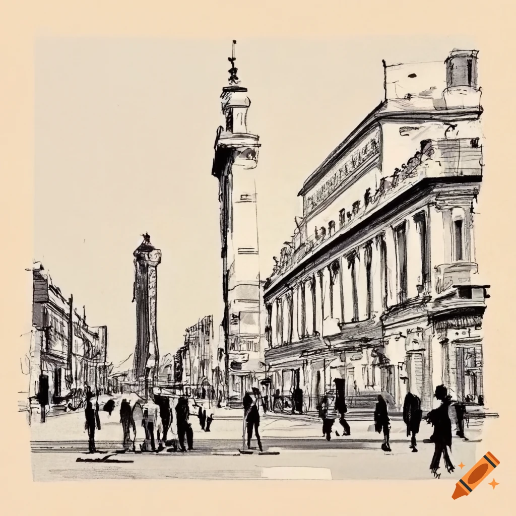 Illustrate a bustling city street, paying close attention to the ...