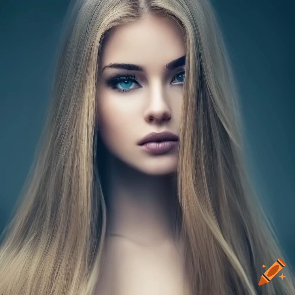 Young woman with long blond hair and beautiful symmetrical face ...