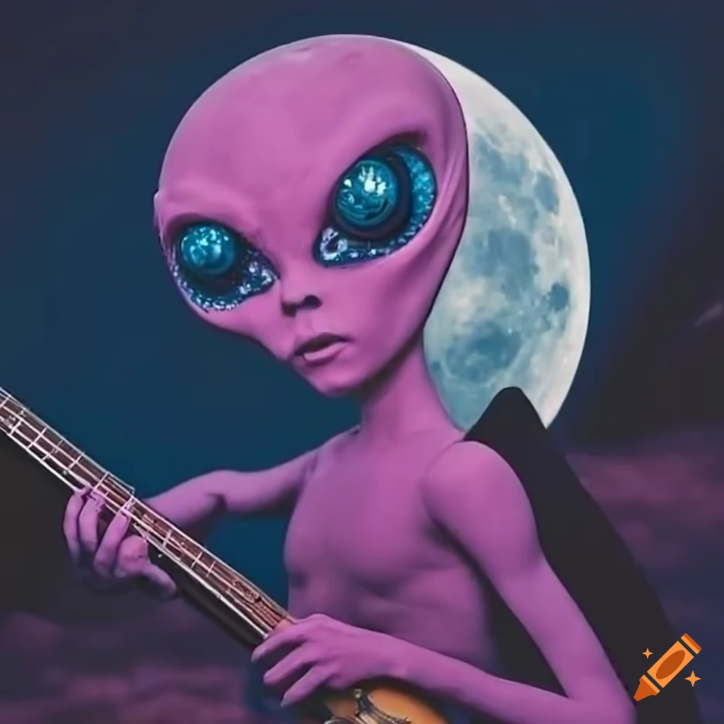 Blue eyes pink alien playing guitar on the moon on Craiyon