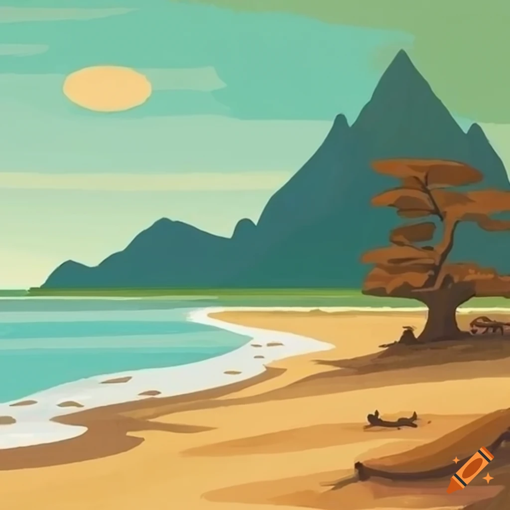 A landscape with mountains, a beach, sand, and plam tree on Craiyon