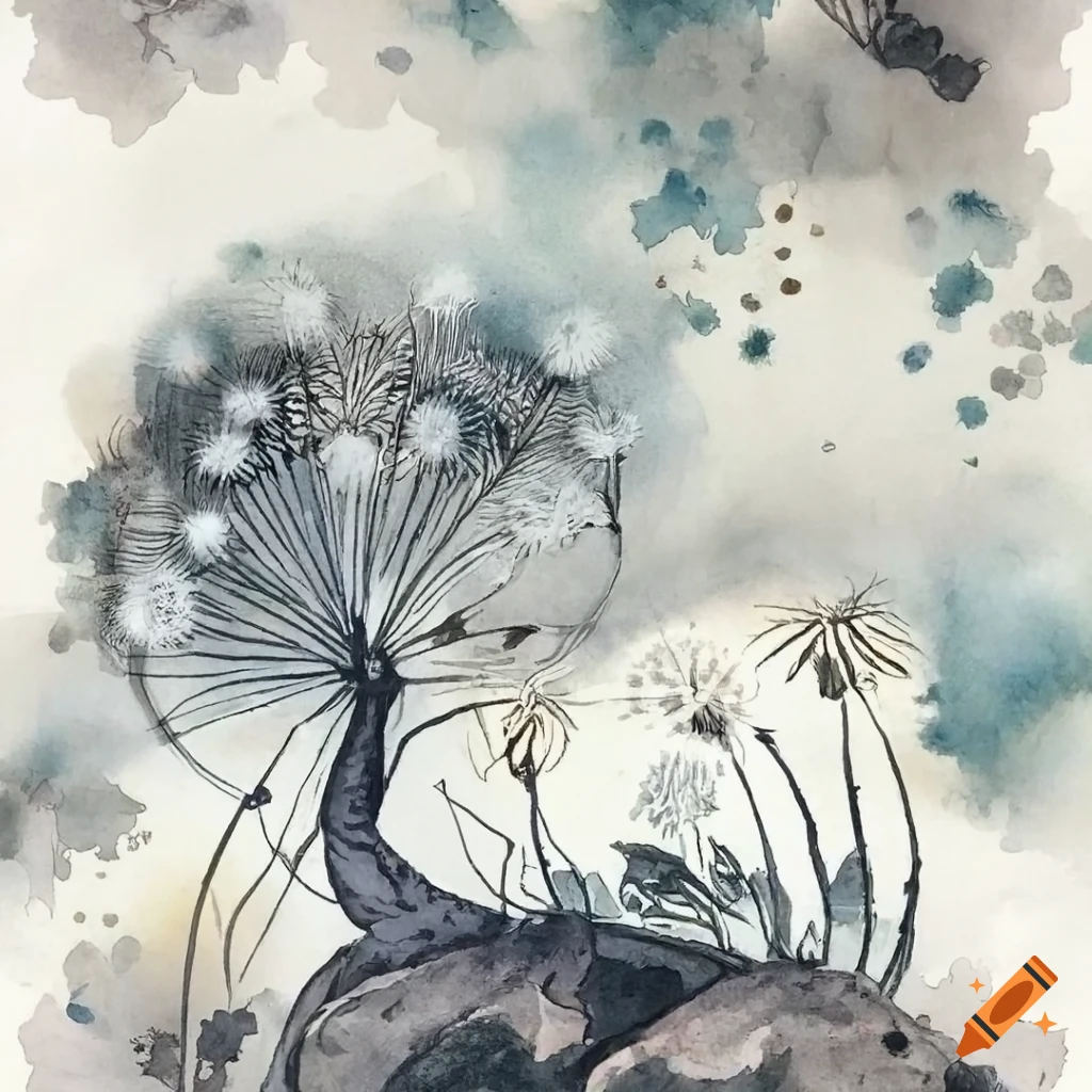 A dreamy landscape at daybreak with dandelion trees, exotic fan-shaped ...