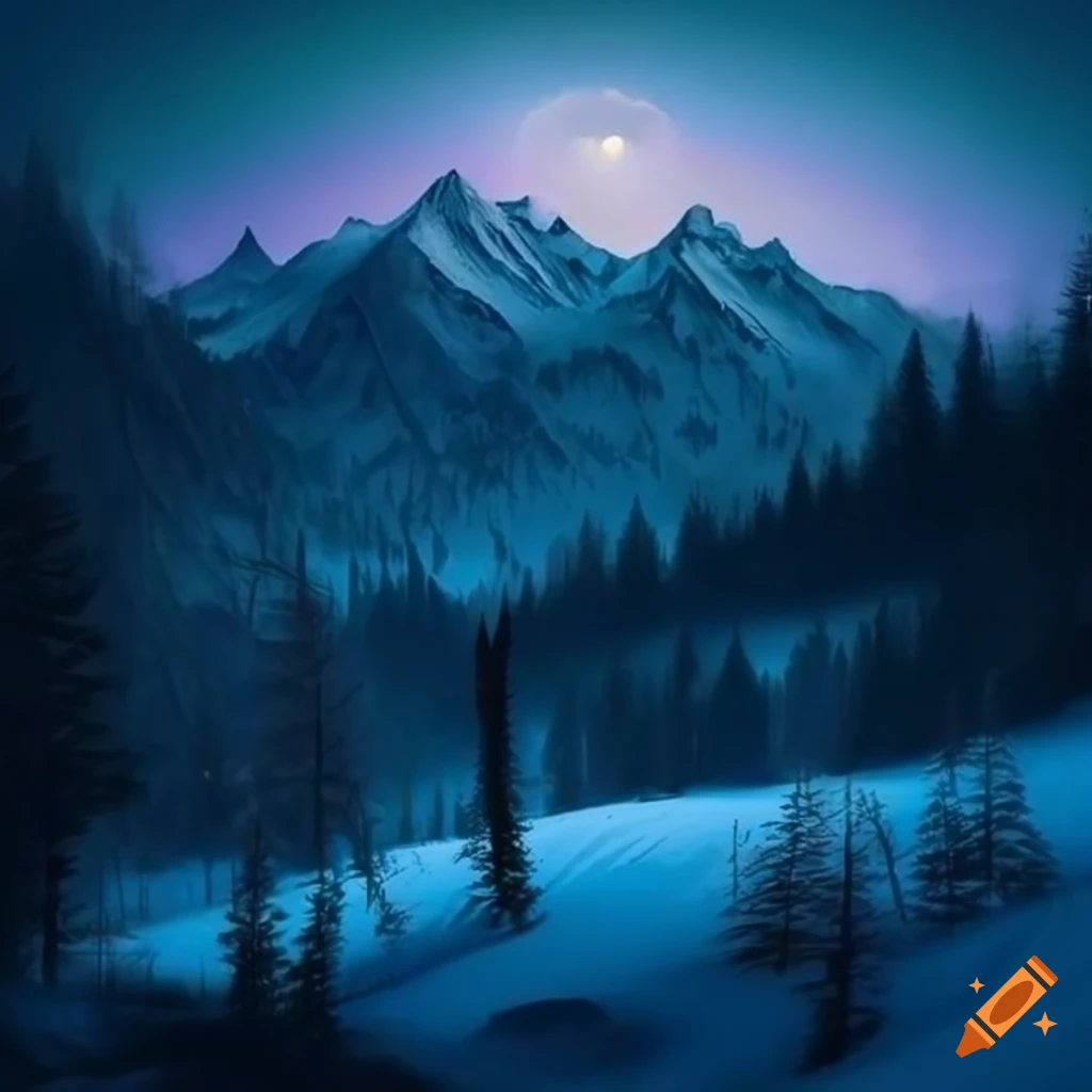 Eerie oniric mountain night landscape snowy