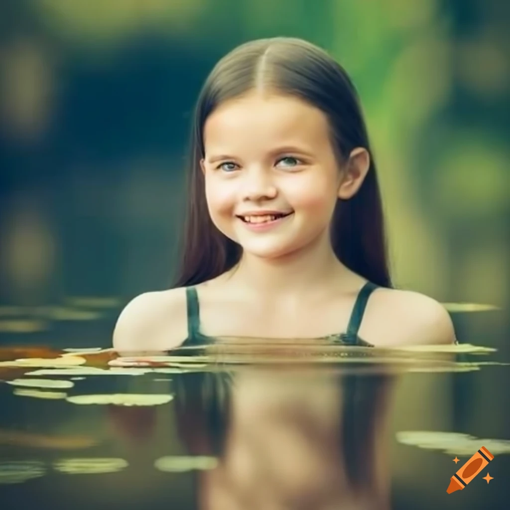 A serene smiling girl standing in a tranquil pond