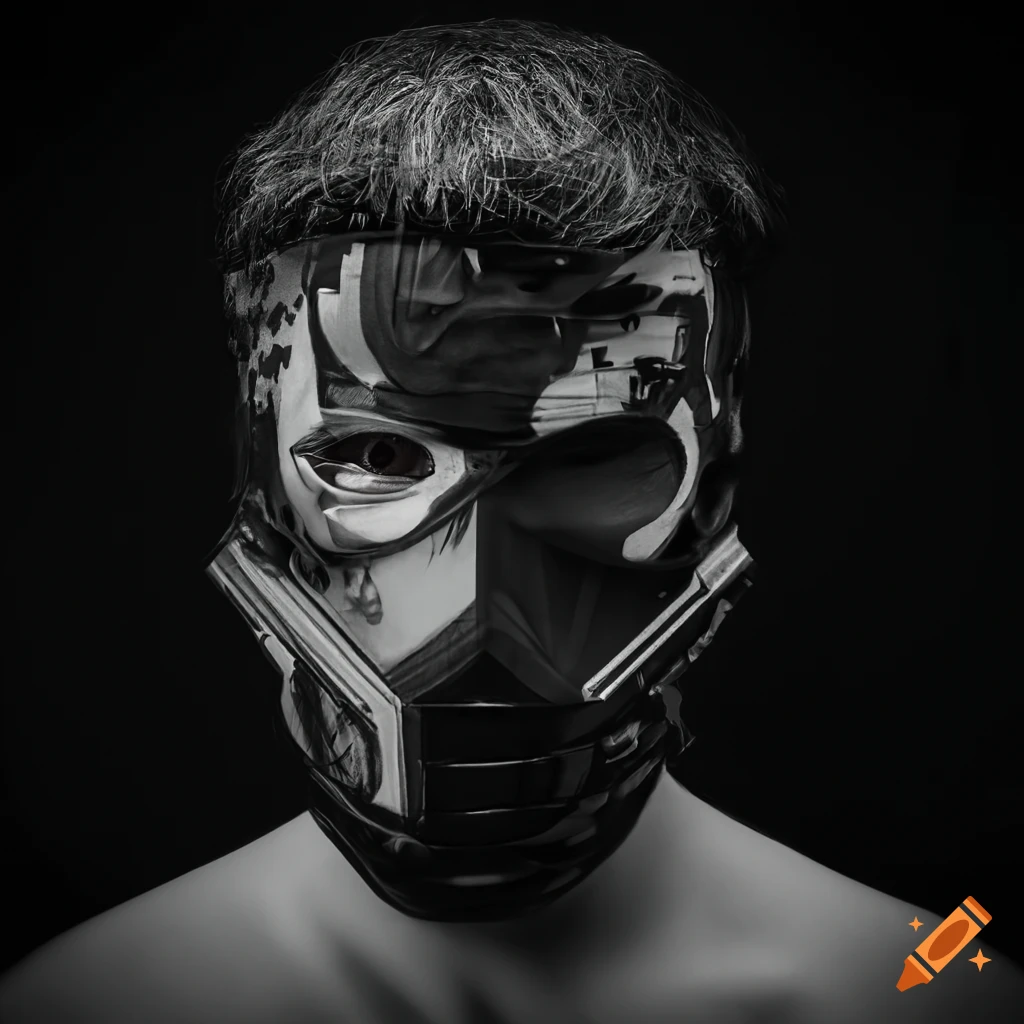 Monochrome portrait of a man with pixelated cyberpunk-inspired mask on ...