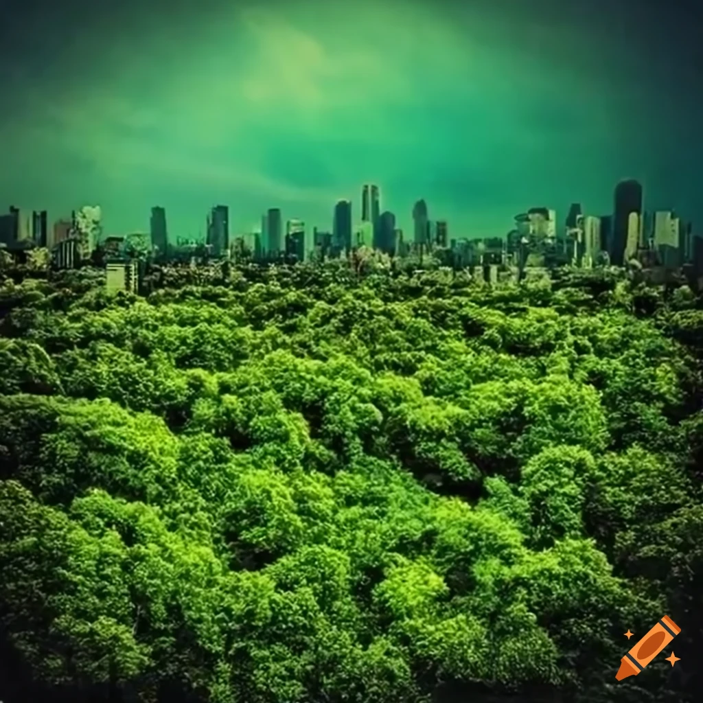 Overgrown cityscape reclaimed by nature after humans vanish