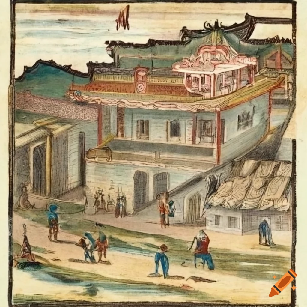 Illustration of a ming dynasty colonial settlement along the coast of ...