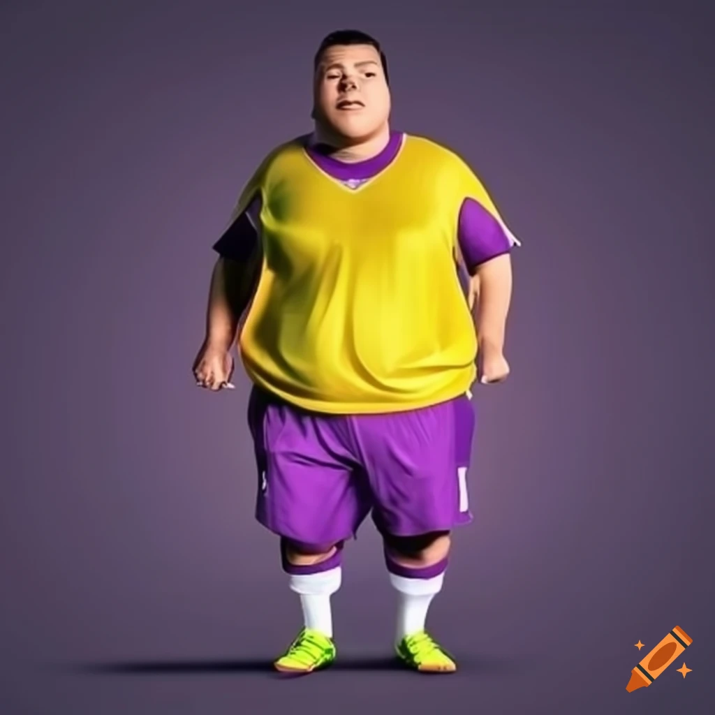 Very short and very fat soccer player. he wears a yellow and purple jersey