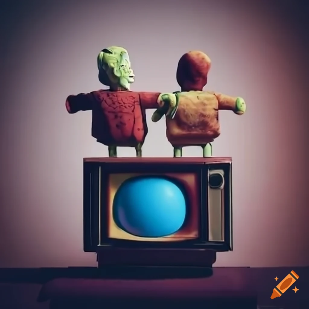 Two eerie figures enjoying retro gaming on a vintage television ...