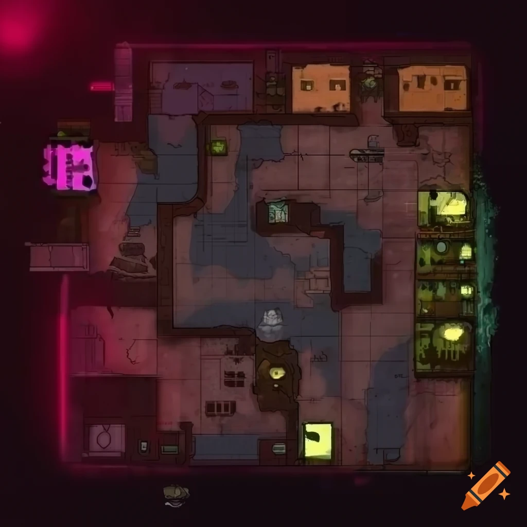 Rpg game map, with techno punk vibe and top view