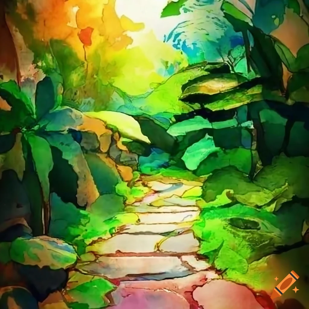 Watercolor stone path in the asian tropics