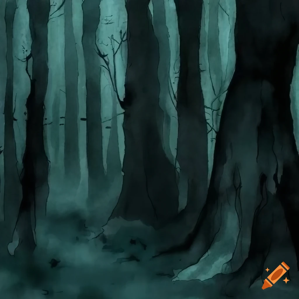 Watercolor creepy gloomy night forest with creepy trees, on the trunks of which there are scary ...
